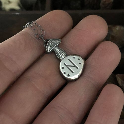 Silver Mushroom Pendant - Choose custom Rune - The Wicked Griffin